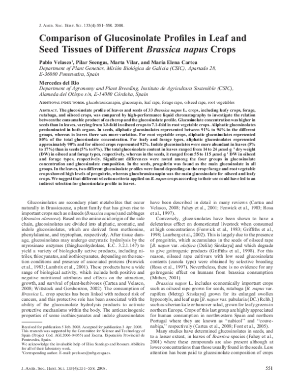 (PDF) Comparison of Glucosinolate Profiles in Leaf and Seed Tissues of Different Brassica napus ...