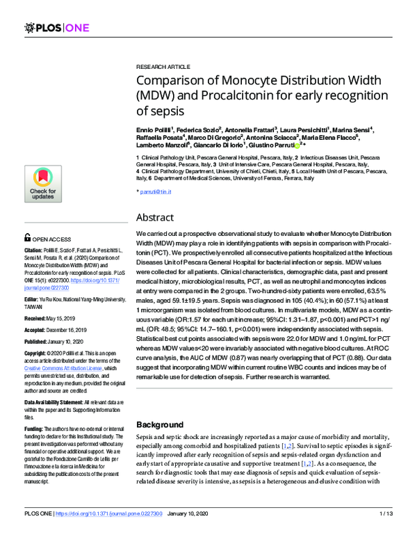 (PDF) Comparison of Monocyte Distribution Width (MDW) and Procalcitonin ...