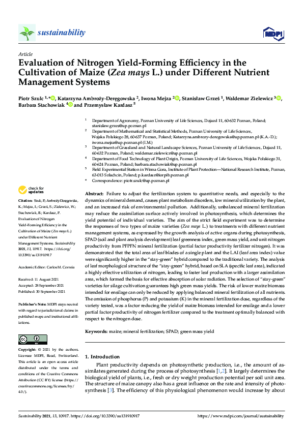 (PDF) Evaluation of Nitrogen Yield-Forming Efficiency in the Cultivation of Maize (Zea mays L ...