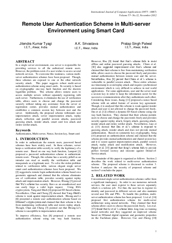 (PDF) Remote User Authentication Scheme in Multi-server Environment using Smart Card