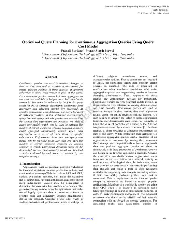 Pdf Optimized Query Planning For Continuous Aggregation Queries Using Query Cost Model
