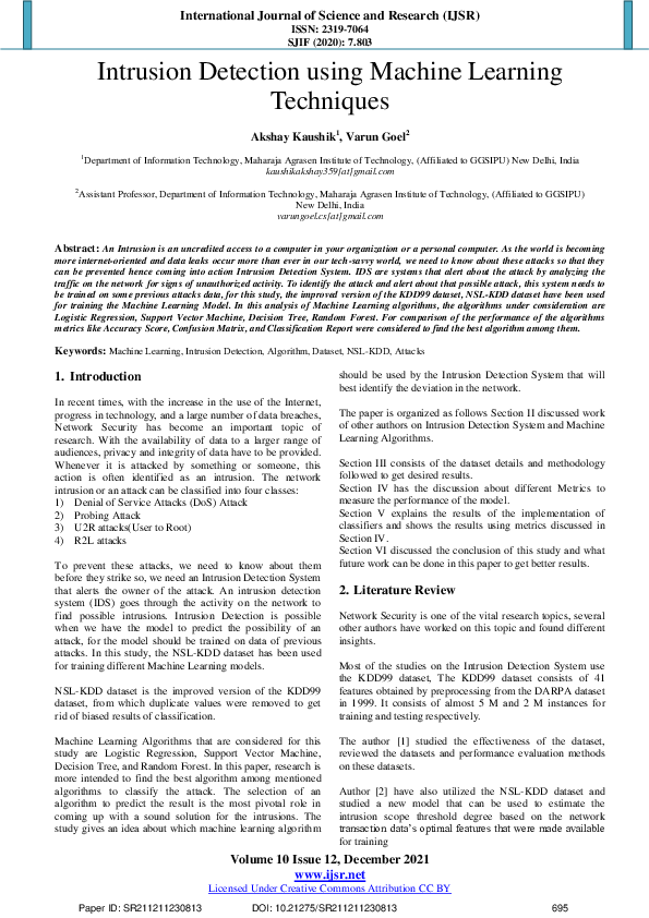 (PDF) Intrusion Detection using Machine Learning Techniques