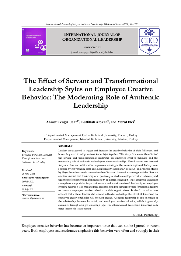 (PDF) The Effect of Servant and Transformational Leadership Styles on Employee Creative Behavior ...