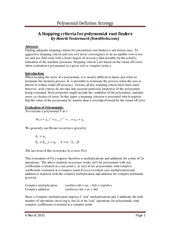 Pdf Stopping Criteria For Zeros In Polynomial Evaluation
