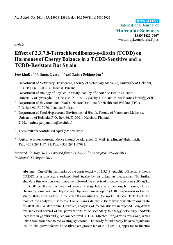 (PDF) Effect of 2,3,7,8-Tetrachlorodibenzo-p-dioxin (TCDD) on Hormones ...