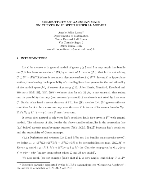 (PDF) Surjectivity of Gaussian maps on curves in P^r with general moduli