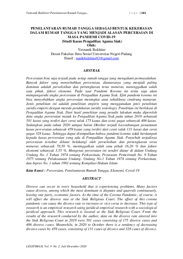(PDF) PENELANTARAN RUMAH TANGGA SEBAGAI BENTUK KEKERASAN DALAM RUMAH TANGGA YANG MENJADI ALASAN ...