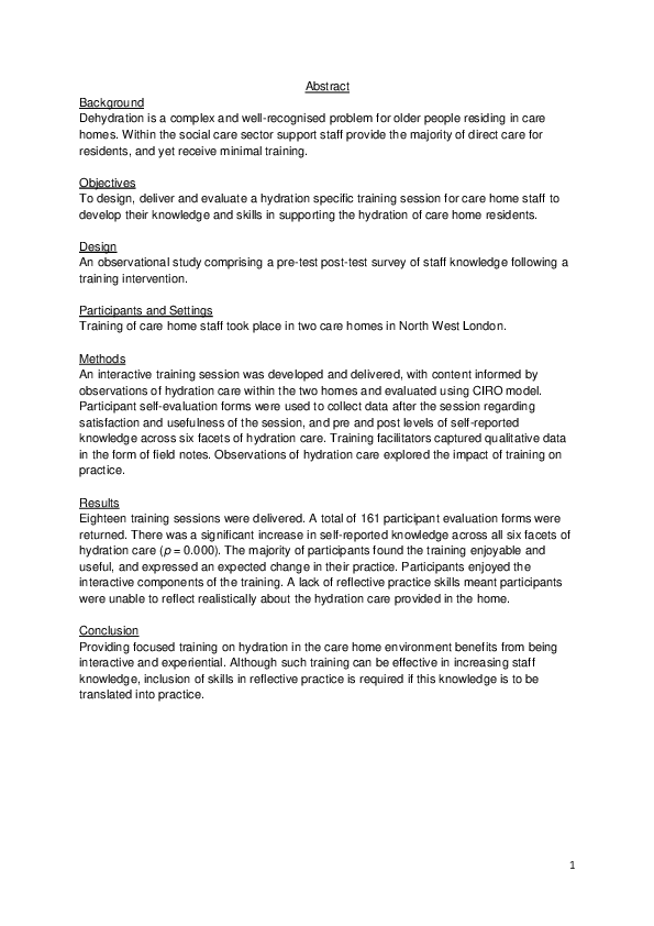 (PDF) I-Hydrate training intervention for staff working in a care home ...