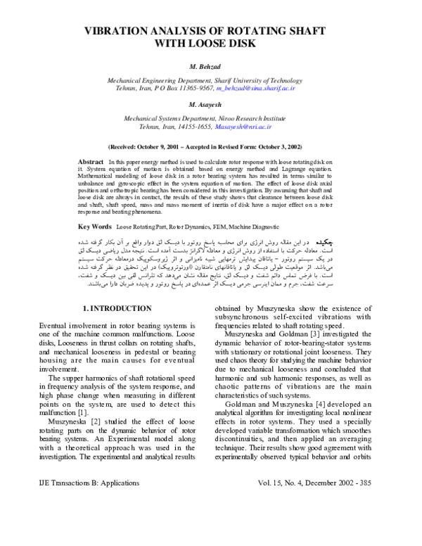 (PDF) Vibration Analysis of Rotating Shaft with Loose Disk