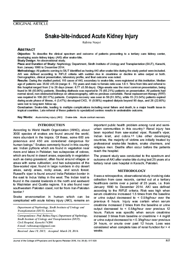 (PDF) Snake-bite-induced Acute Kidney Injury