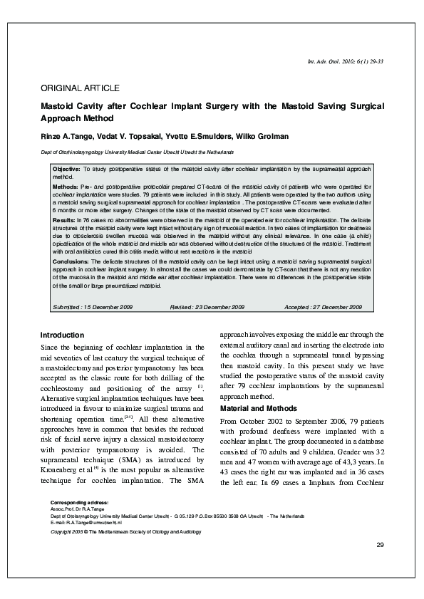 (PDF) Mastoid Cavity after Cochlear Implant Surgery with the Mastoid ...