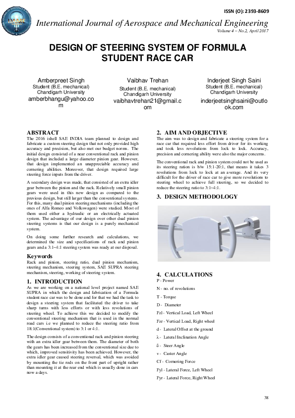 (PDF) Design of Steering System of Formula Student Race Car