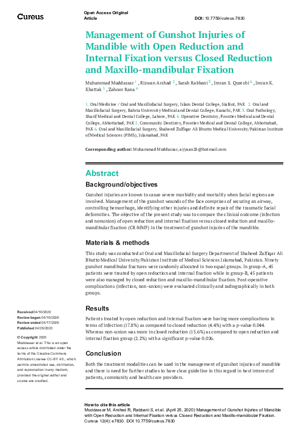 Pdf Management Of Gunshot Injuries Of Mandible With Open Reduction And Internal Fixation
