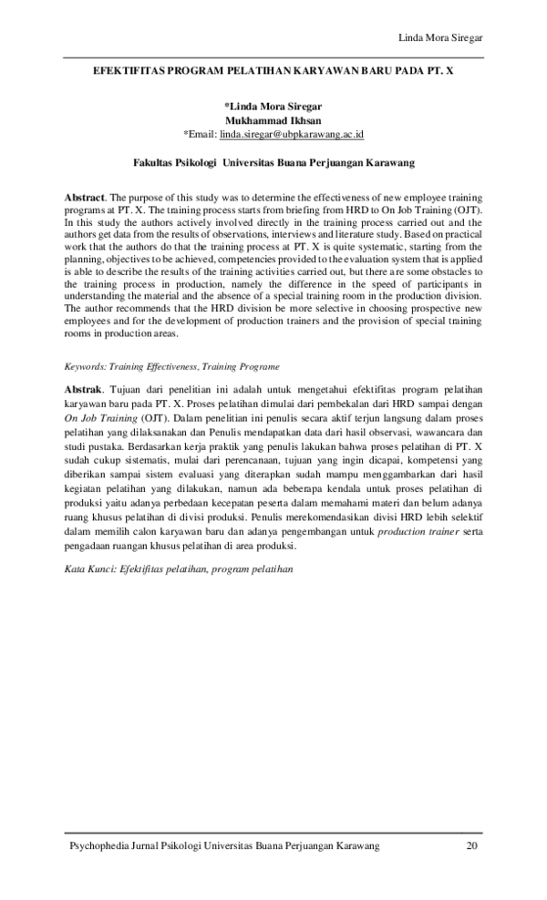 (PDF) Efektifitas Program Pelatihan Karyawan Baru Pada Pt. X