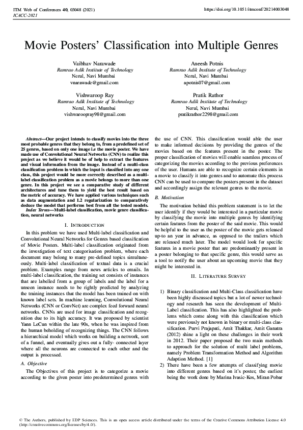 (PDF) Movie Posters’ Classification into Multiple Genres