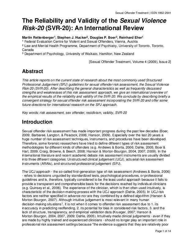 (PDF) The reliability and validity of the Sexual Violence Risk-20 (SVR-20): An International Review