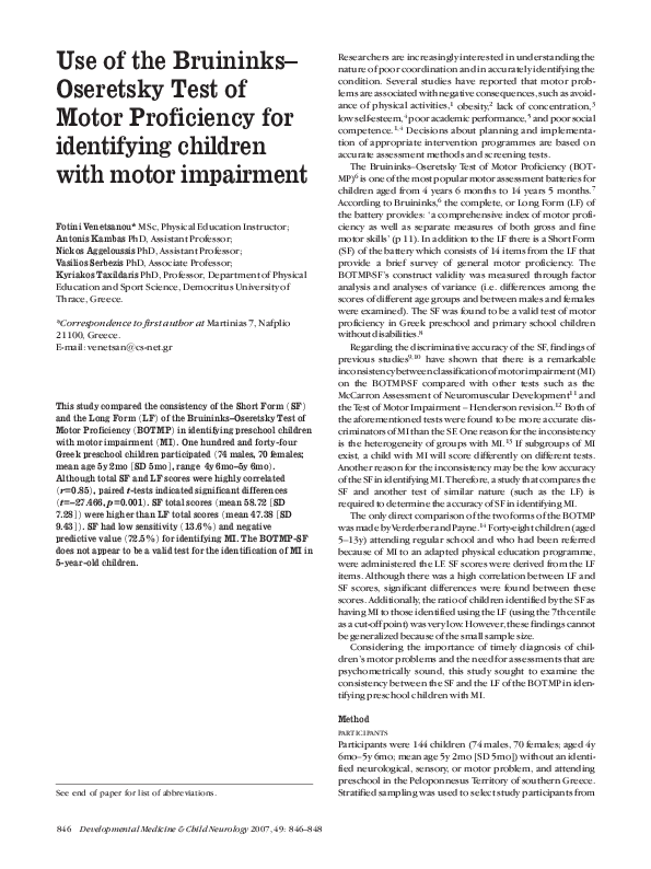 (PDF) Use of the Bruininks–Oseretsky Test of Motor Proficiency for ...