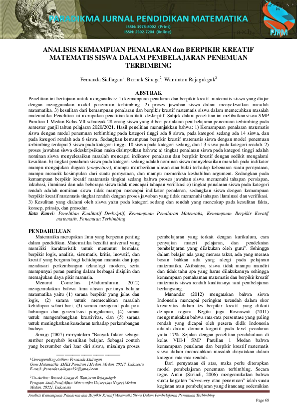 (PDF) ANALISIS KEMAMPUAN PENALARAN dan BERPIKIR KREATIF MATEMATIS SISWA DALAM PEMBELAJARAN ...