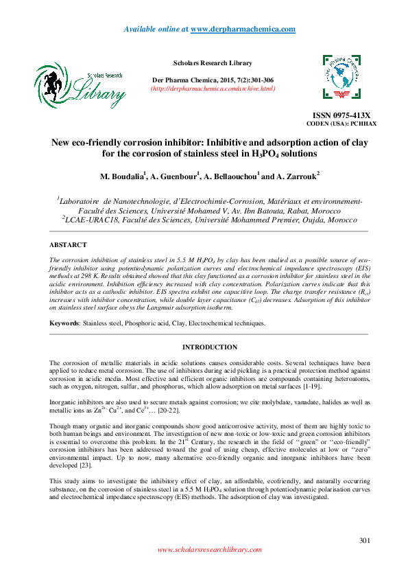 (PDF) New eco-friendly corrosion inhibitor: Inhibitive and adsorption ...