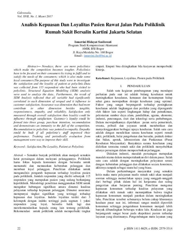 (PDF) Analisis Kepuasan Dan Loyalitas Pasien Rawat Jalan Pada Poliklinik Rumah Sakit Bersalin ...
