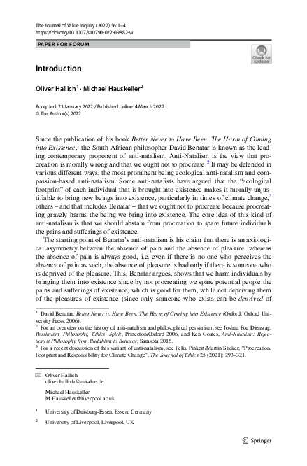 (PDF) Introduction (to: Would It Be Better if We Had Never Existed ...