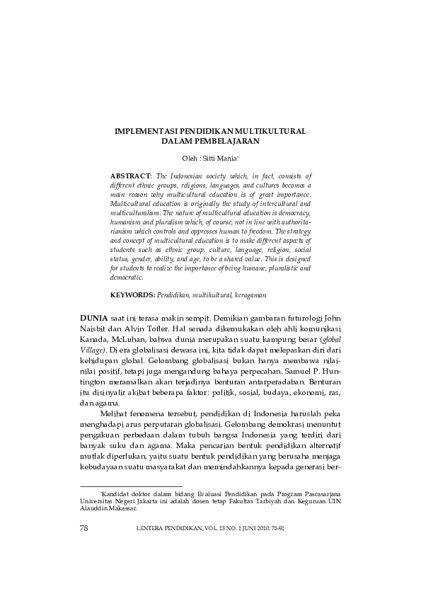 (PDF) Implementasi Pendidikan Multikultural Dalam Pembelajaran