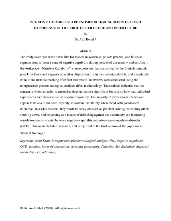 (PDF) Negative Capability: A Phenomenological Study of Lived Experience at the Edge of Certitude ...