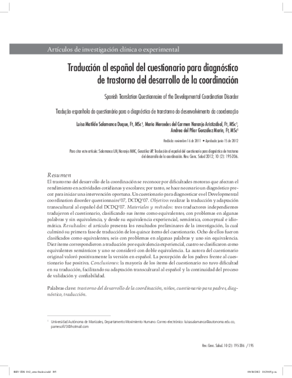 (PDF) Spanish Translation Questionnaire of the Developmental ...
