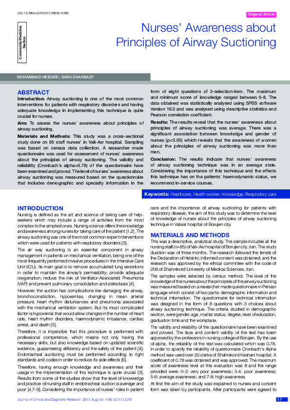 (PDF) Nurses' Awareness about Principles of Airway Suctioning