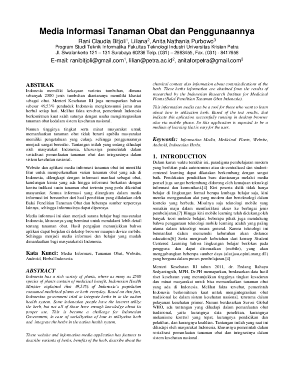 (PDF) Media Informasi Tanaman Obat dan Penggunaannya