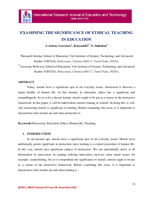(PDF) EXAMINING THE SIGNIFICANCE OF ETHICAL TEACHING IN EDUCATION