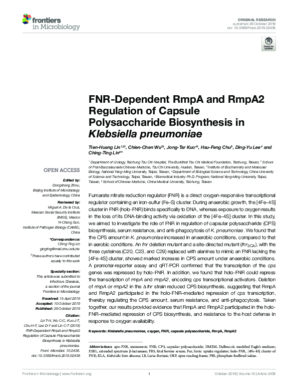 (PDF) FNR-Dependent RmpA and RmpA2 Regulation of Capsule Polysaccharide ...