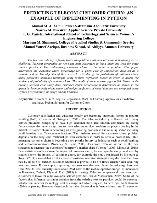 Pdf Predicting Telecom Customer Churn An Example Of Implementing In Python Ahmad Zamil