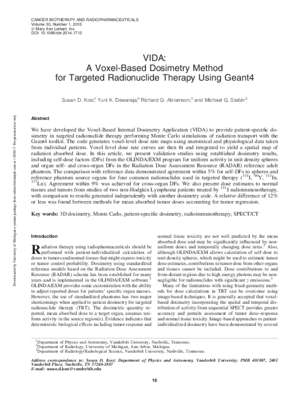 (PDF) VIDA: A Voxel-Based Dosimetry Method for Targeted Radionuclide Therapy Using Geant4
