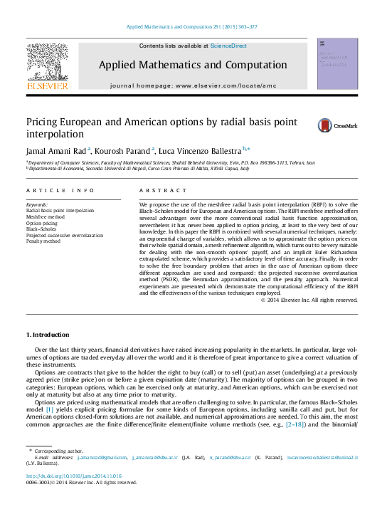 (PDF) Pricing European and American options by radial basis point interpolation