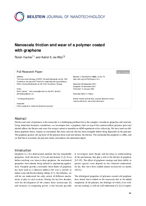 (PDF) Nanoscale friction and wear of a polymer coated with graphene | Robin Vacher - Academia.edu