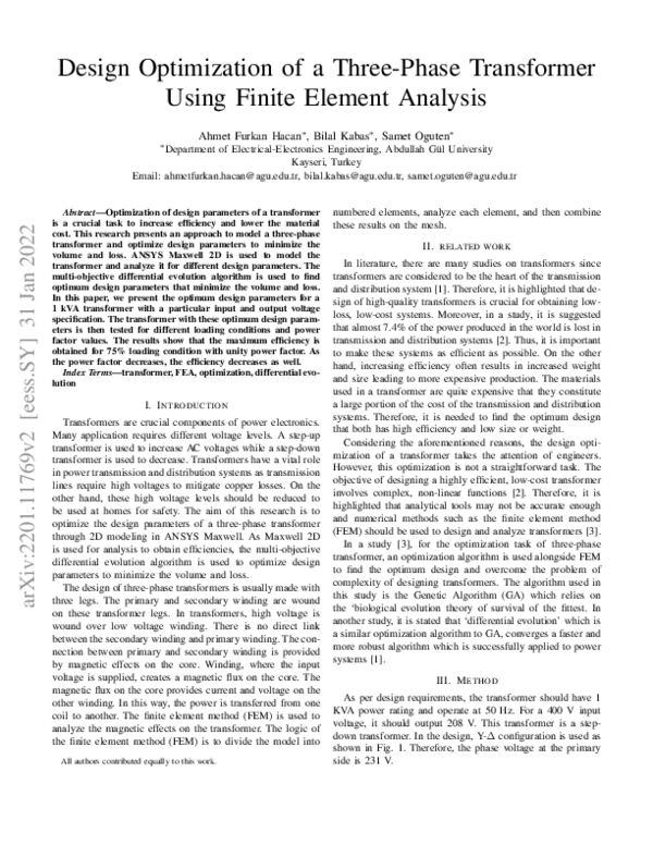 (PDF) Design Optimization of a Three-Phase Transformer Using ANSYS-Maxwell