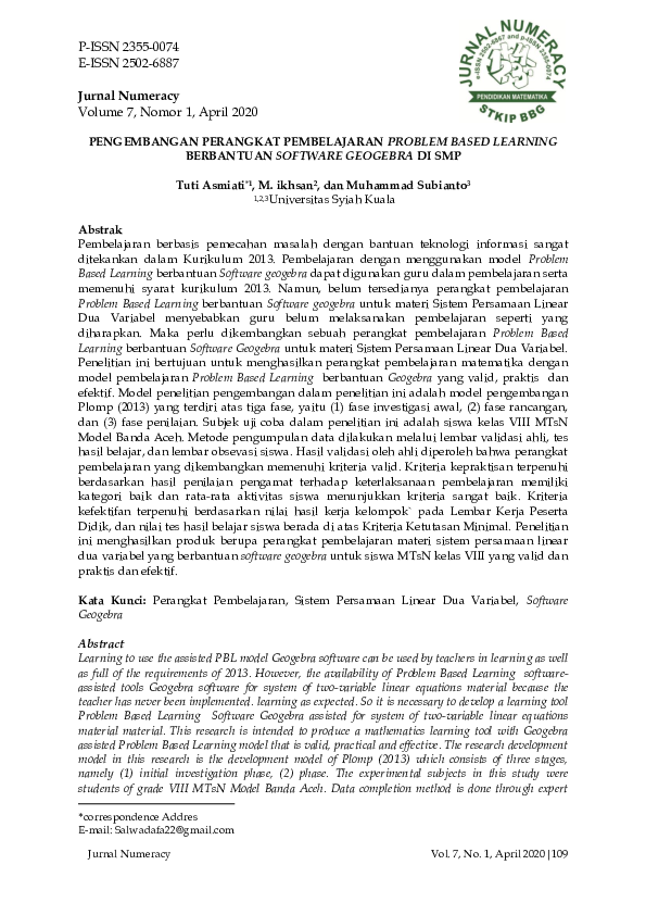(PDF) Pengembangan Perangkat Pembelajaran Problem Based Learning Berbantuan Software Geogebra DI SMP