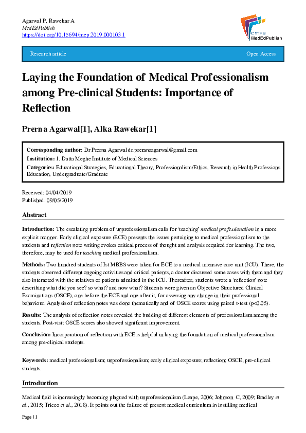 (PDF) Teaching Medical Professionalism Through Reflection