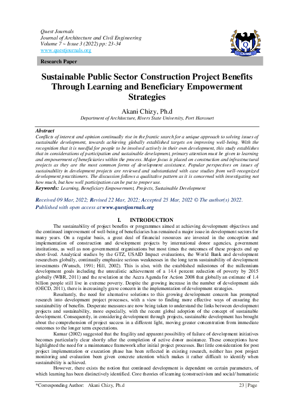 (PDF) Sustainable Public Sector Construction Project Benefits Through ...