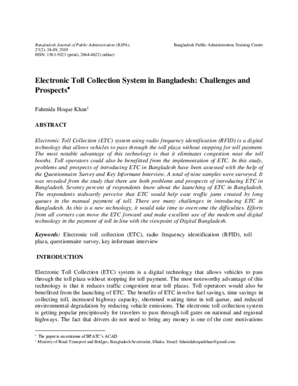 (PDF) Electronic Toll Collection System in Bangladesh: Challenges and ...