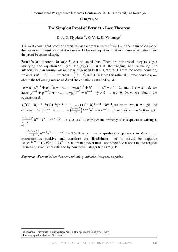 (PDF) The Simplest Proof of Fermat's Last Theorem