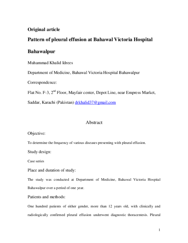 (PDF) Pattern of pleural effusion at Bahawal Victoria Hospital Bahawalpur