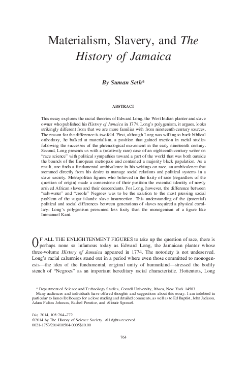 (PDF) Materialism, Slavery, and The History of Jamaica