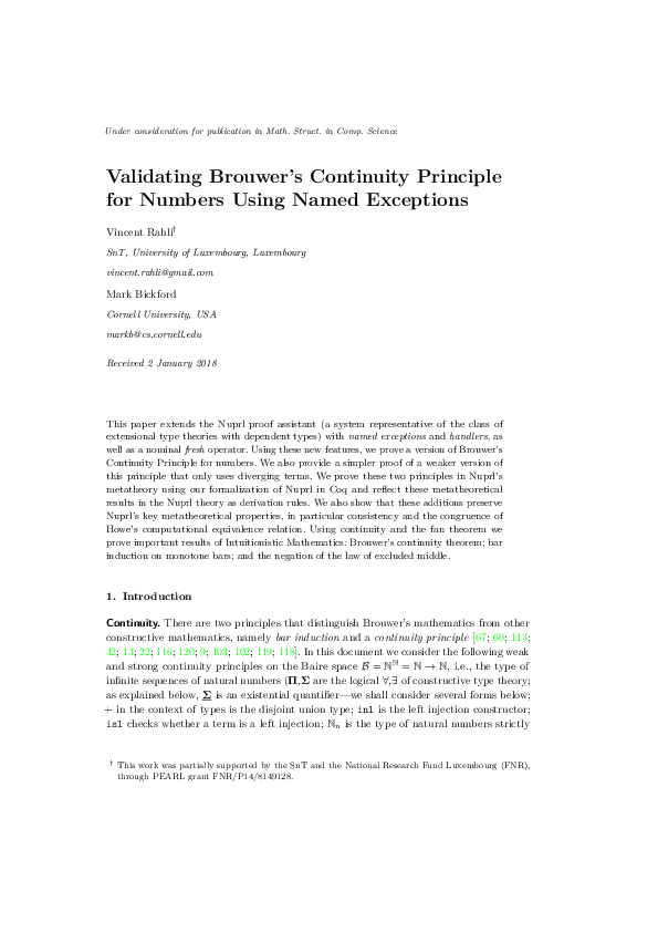 (PDF) Validating Brouwer's continuity principle for numbers using named exceptions