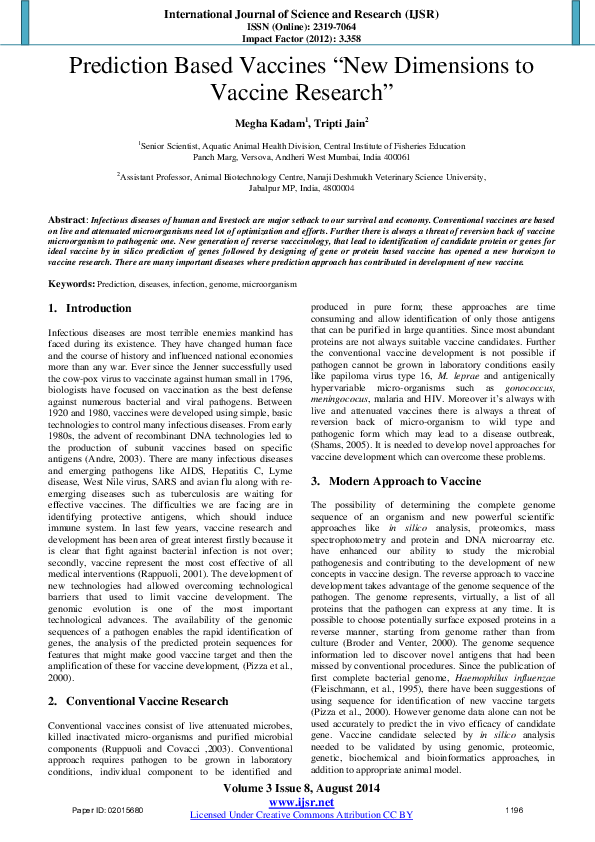 (PDF) Prediction Based Vaccines “ New Dimensions to Vaccine Research