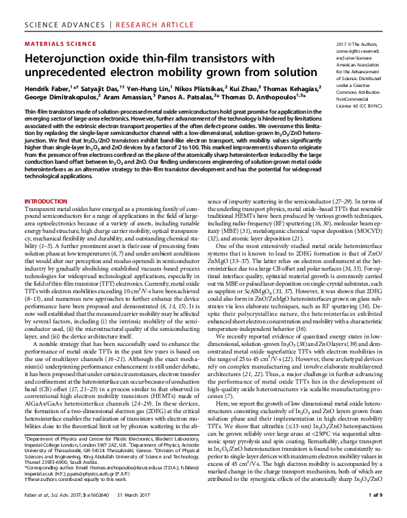 Heterojunction oxide thin-film transistors with unprecedented electron ...