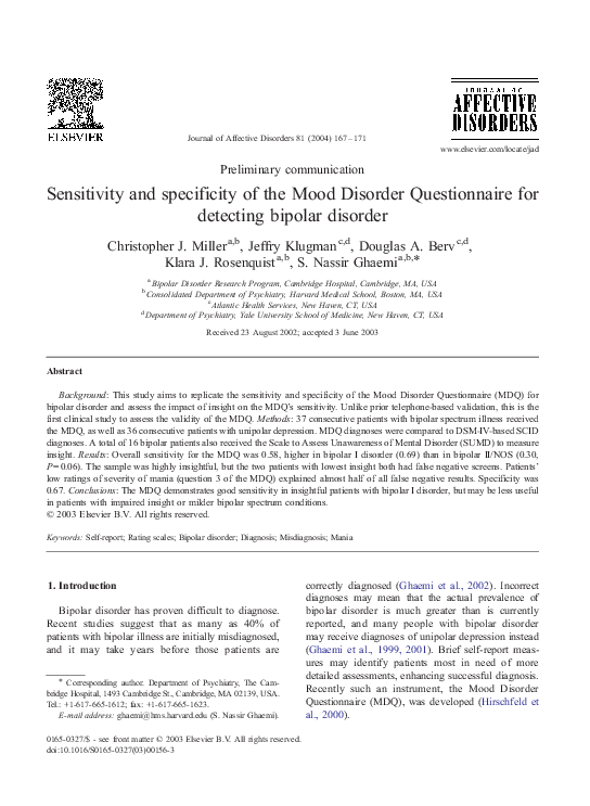(PDF) Sensitivity and specificity of the Mood Disorder Questionnaire ...