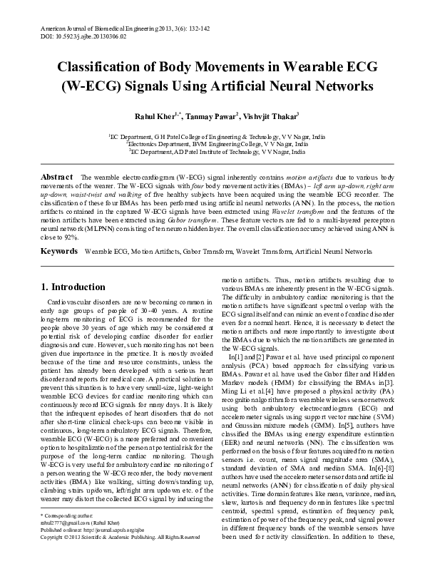 (PDF) Classification of Body Movements in Wearable ECG (W-ECG) Signals Using Artificial Neural ...