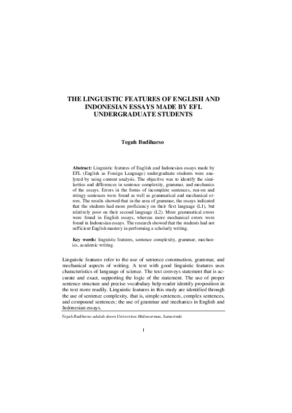 (PDF) The Linguistic Features of English and Indonesian Essays Made by ...